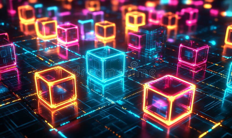 Neon Glowing Cubes Digital Network Abstract High Quality Image Stock ...