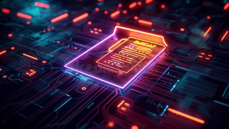 Neon Glowing Document Icon Illuminating a Futuristic Circuit Board ...