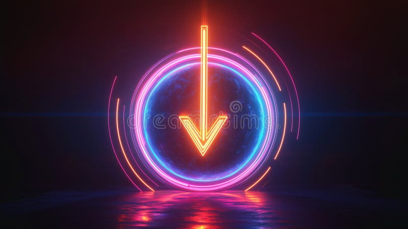 Neon Glowing Download Symbol Inside a Vibrant Circular Frame with ...
