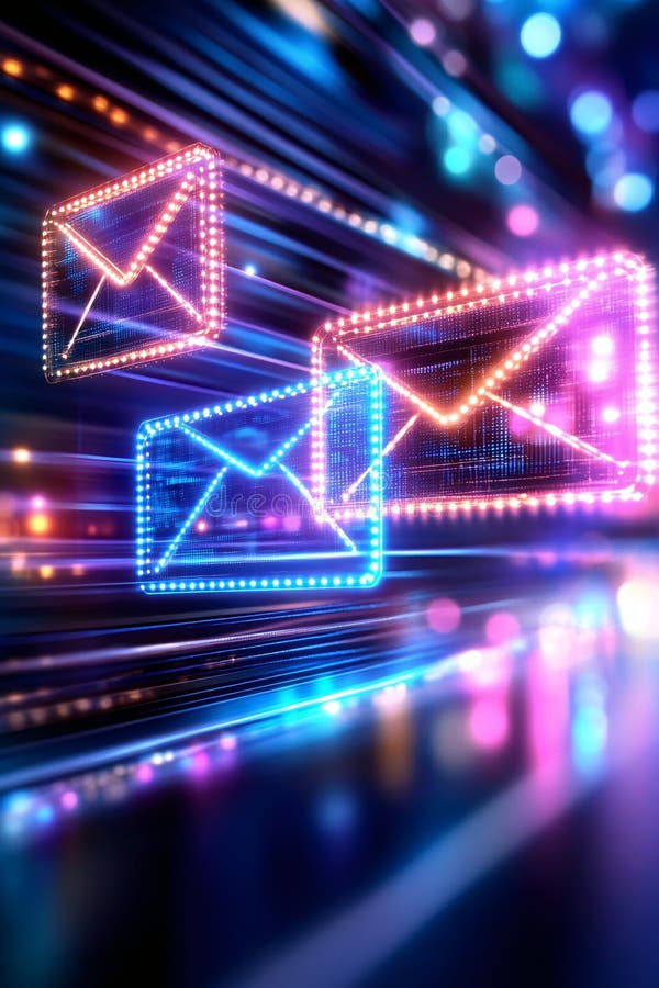 Neon Glowing Email Icons in Motion Representing Digital Communication ...