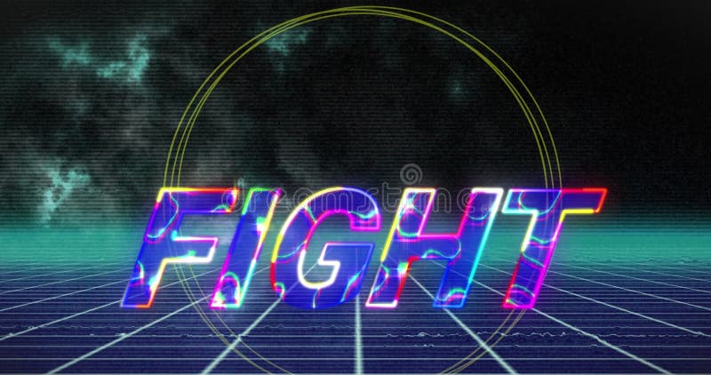 Neon Glowing Fight Text Banner Over Circular Banner Against Grid ...