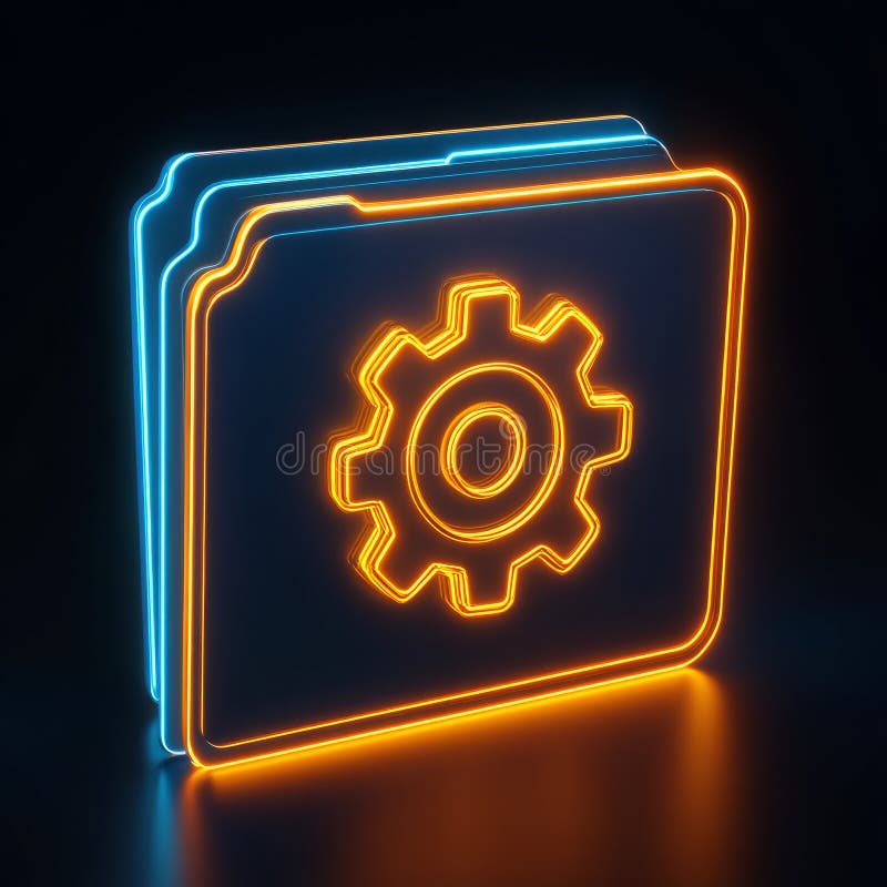 Neon Glowing Folder Icon with Gear Symbol on Dark Background Stock ...