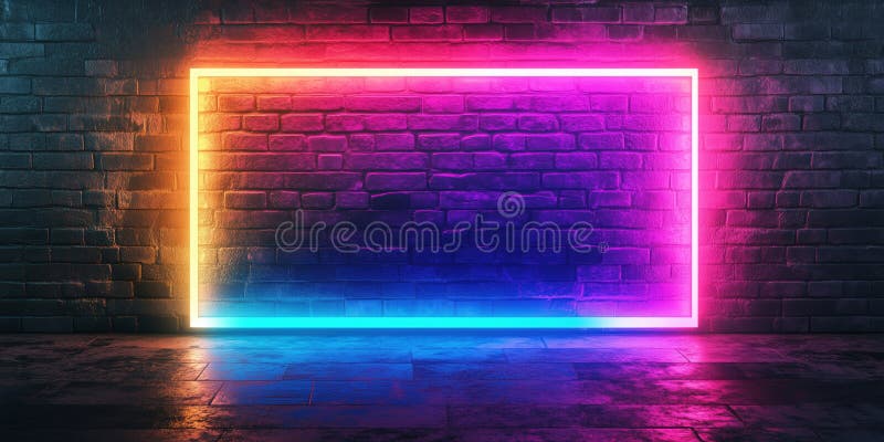 Neon Glowing Frame on Brick Wall Background with Colorful Lighting ...