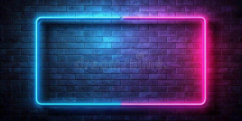 Neon Glowing Frame on Dark Wall Pink and Blue Glowing Border with Empty ...