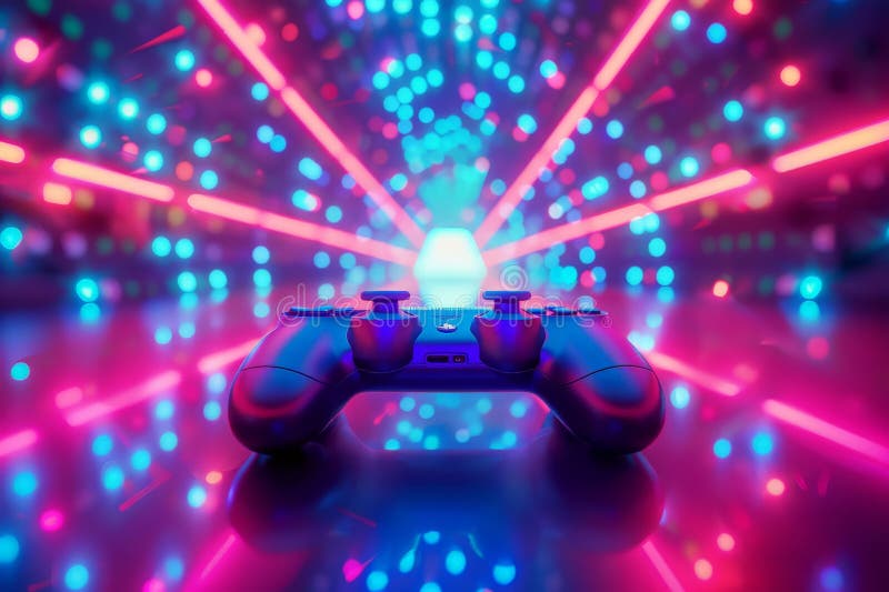 Neon Glowing Gamepad. Cloud Gaming Concept. 3d Illustration with Hud ...