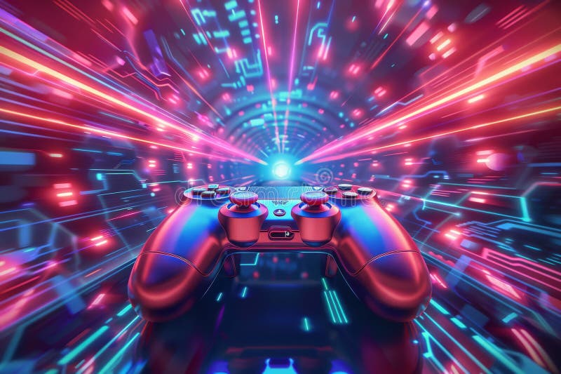 Neon Glowing Gamepad. Cloud Gaming Concept. 3d Illustration with Hud ...