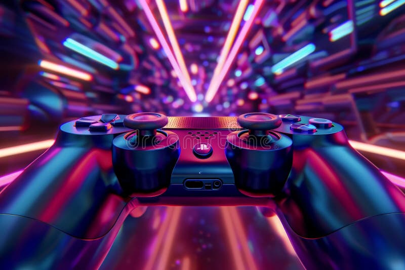 Neon Glowing Gamepad. Cloud Gaming Concept. 3d Illustration with Hud ...
