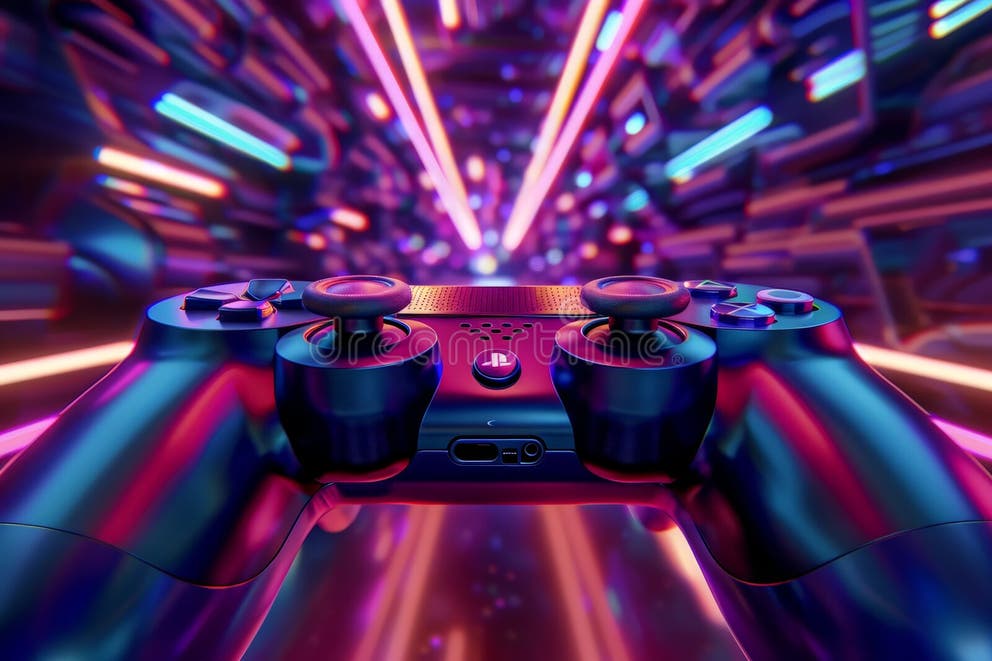 Neon Glowing Gamepad. Cloud Gaming Concept. 3d Illustration with Hud ...