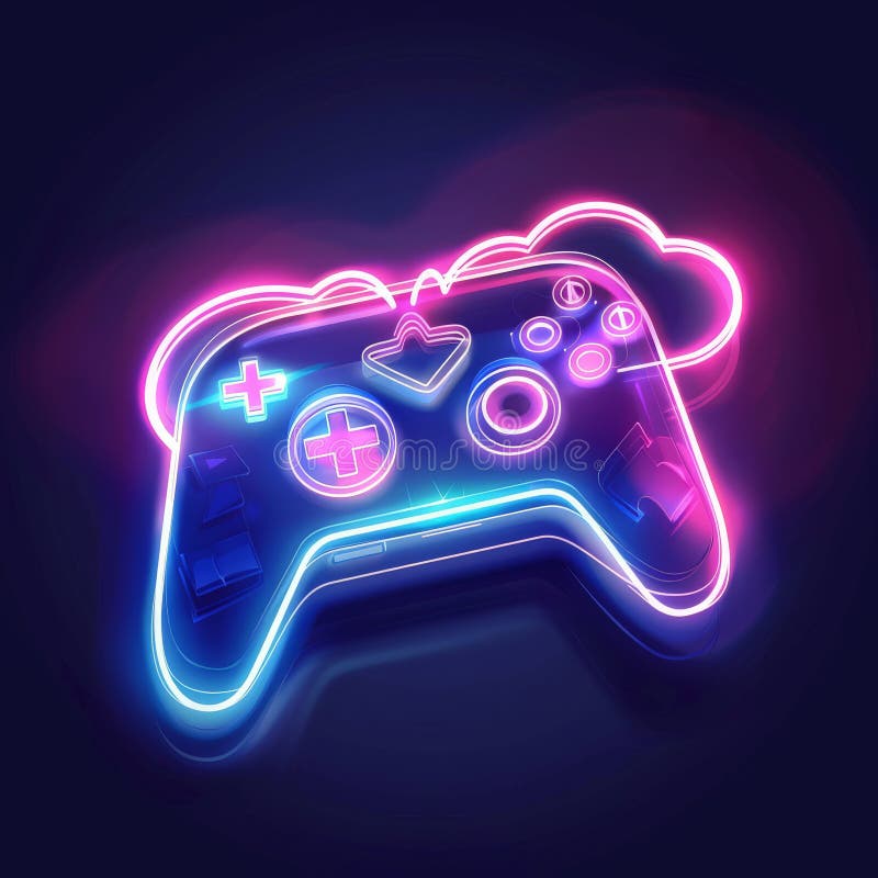 Neon Glowing Gamepad. Cloud Gaming Concept. 3d Illustration with Hud ...