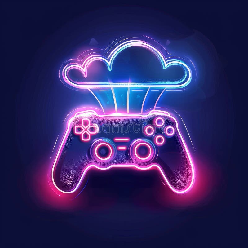 Neon Glowing Gamepad. Cloud Gaming Concept. 3d Illustration with Hud ...