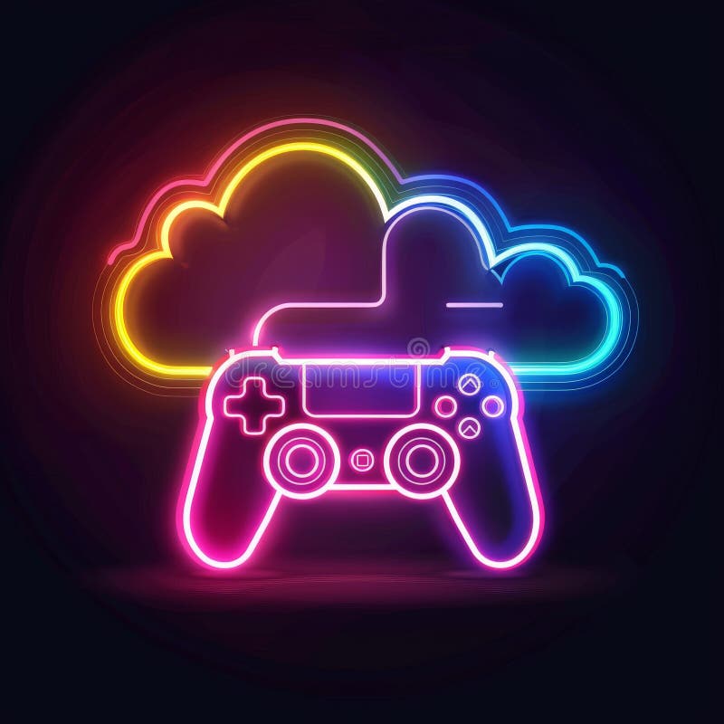 Neon Glowing Gamepad. Cloud Gaming Concept. 3d Illustration with Hud ...
