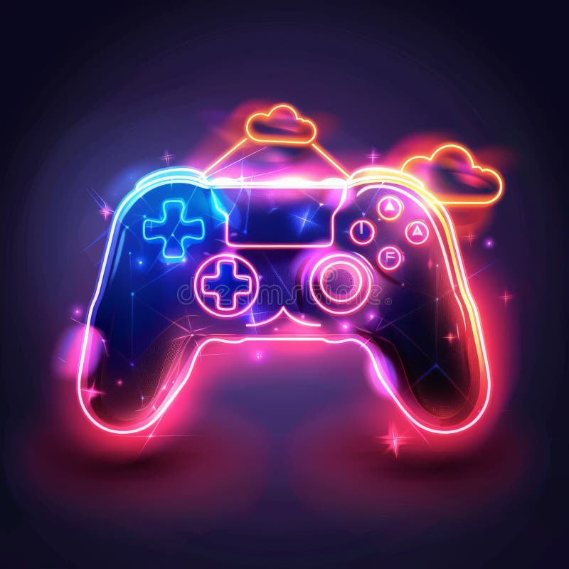 Neon Glowing Gamepad. Cloud Gaming Concept. 3d Illustration with Hud ...