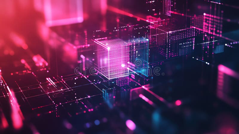 Neon Glowing Geometric Shapes and Lines Forming a Futuristic Digital ...