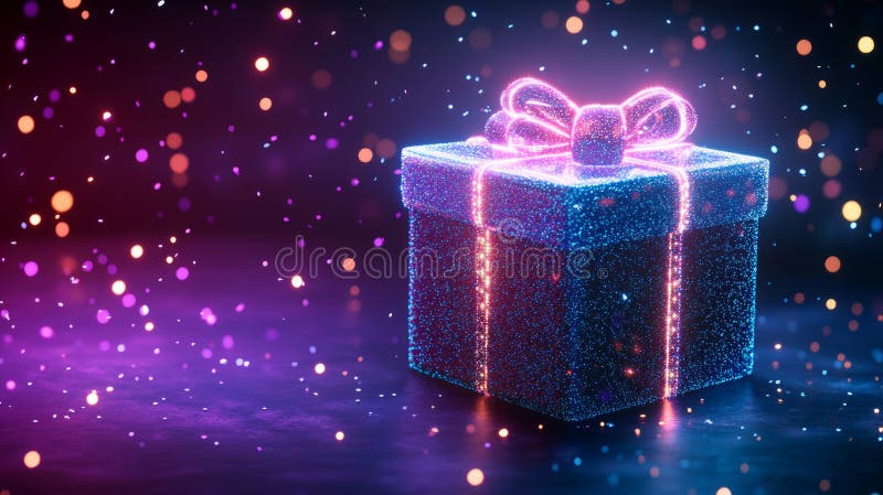 Neon Glowing Gift Box with Sparkling Bokeh Lights. Stock Image - Image ...