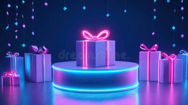 Neon Glowing Gifts on a Pedestal Stock Illustration - Illustration of ...