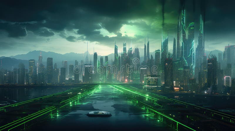 Neon glowing green light stock illustration. Illustration of cyberpunk ...