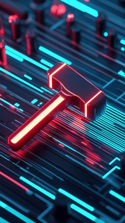 Neon Glowing Hammer on Digital Circuit Board Stock Illustration ...