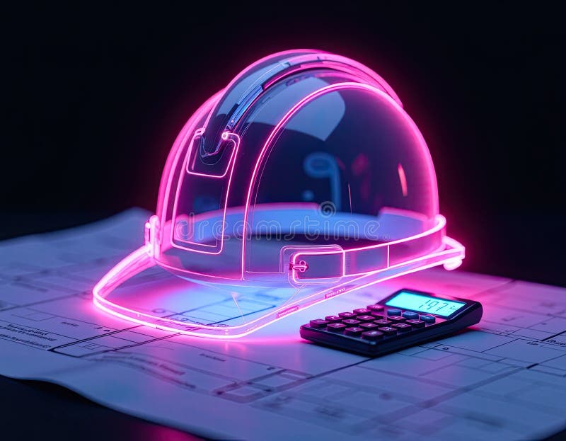 Neon Glowing Hard Hat on Blueprint with Calculator - Construction ...
