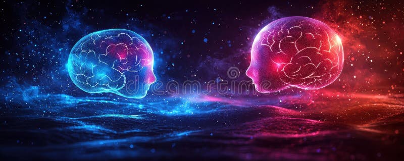 Neon Glowing Heads with Digital Brain Network Connection Stock Photo ...