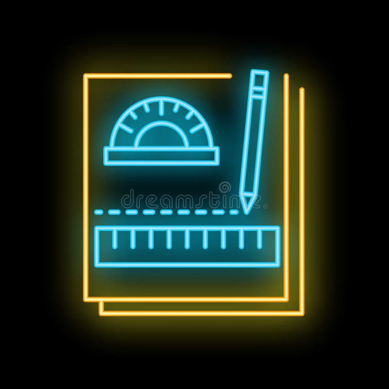 Neon Icon of Geometry Tools Drawing on Paper with Ruler, Protractor and ...