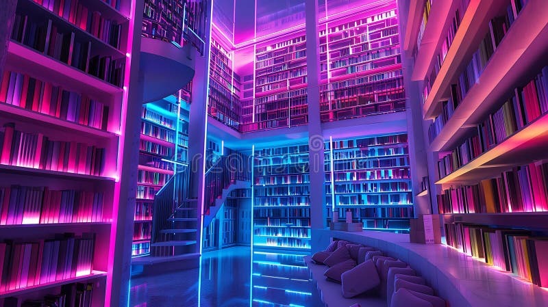 Neon Glowing Library of the Future Stock Illustration - Illustration of ...