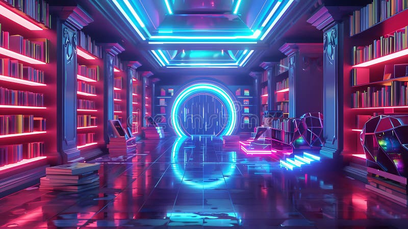 Neon Glowing Library of the Future Stock Illustration - Illustration of ...
