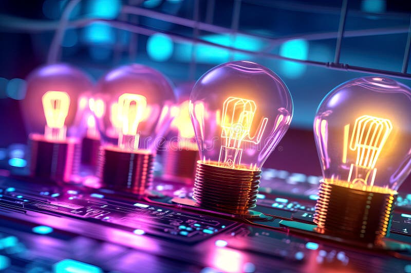 Neon Glowing Light Bulbs As CPU on Motherboard Circuit Board ...