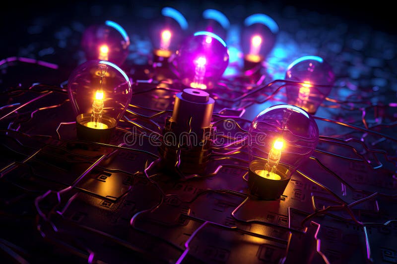 Neon Glowing Light Bulbs As CPU on Motherboard Circuit Board ...