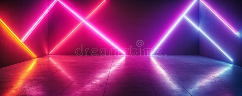 Neon Glowing Lights in an Empty Room with Reflective Floor. Futuristic ...