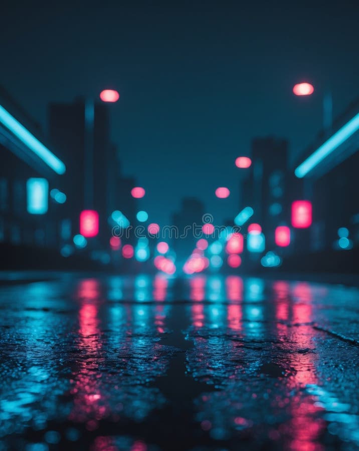 Neon Glowing Lights Wet Asphalt Road Night Stock Image - Image of ...