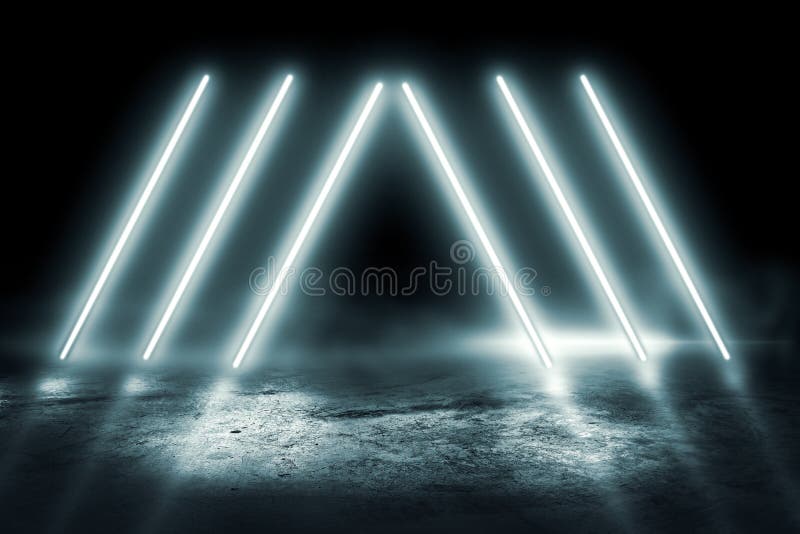 Neon Glowing Line Lights in Empty Dark Room. Stock Image - Image of ...