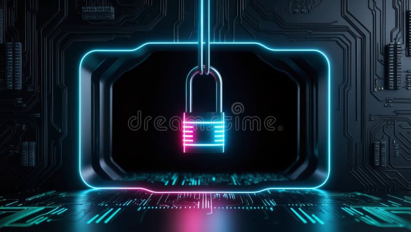 Neon Glowing Lock in a Digital Circuitry Landscape. Stock Photo - Image ...