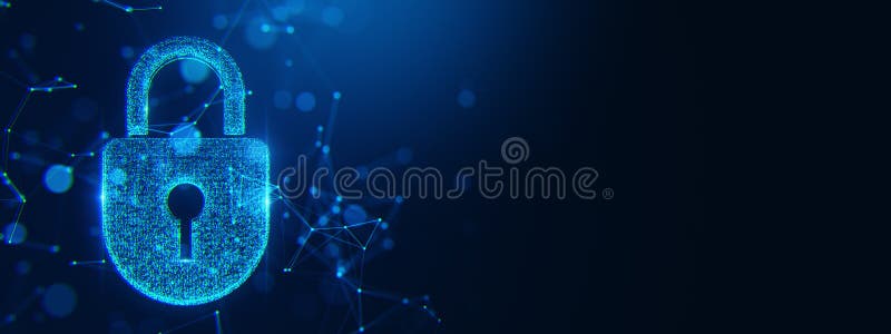 Neon Glowing Lock Symbol with Polygonal Wireframe Connections on Deep ...