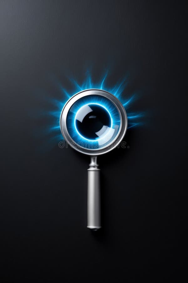Neon Glowing Magnifying Glass on Black Background. Stock Photo - Image ...