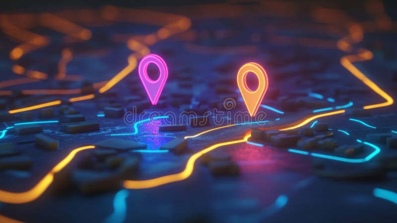 Neon Glowing Map with Pink and Blue Location Pins Stock Illustration ...