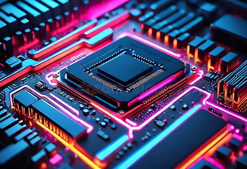 Neon Glowing Motherboard: Abstract Tech Advancement Stock Illustration ...