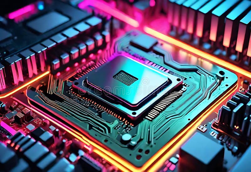 Neon Glowing Motherboard of CPU Stock Illustration - Illustration of ...