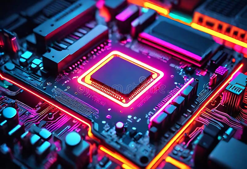 Neon Glowing Motherboard of CPU Stock Illustration - Illustration of ...