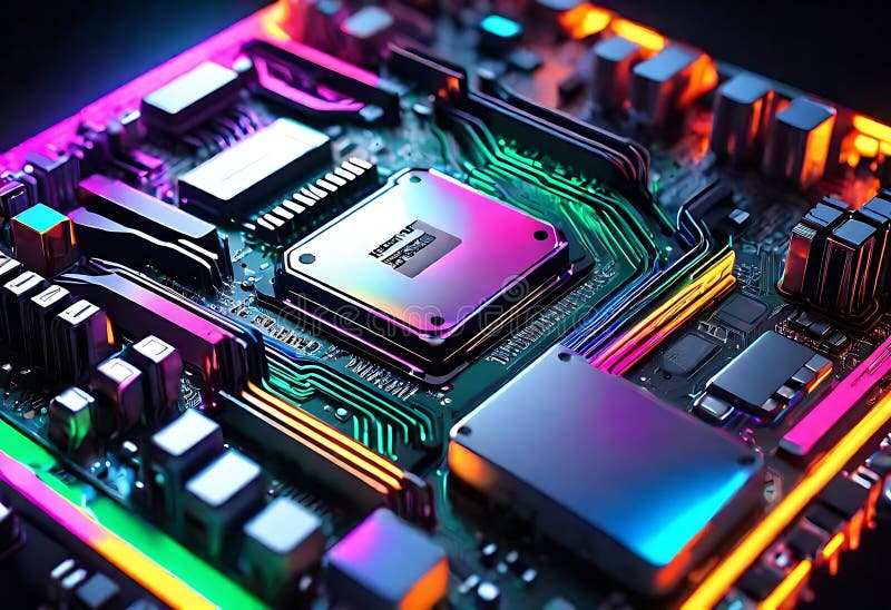 Neon Glowing Motherboard of CPU Stock Illustration - Illustration of ...