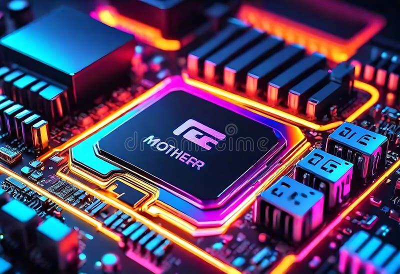 Neon Glowing Motherboard of CPU Stock Illustration - Illustration of ...