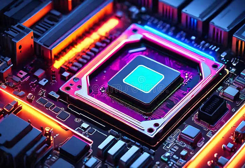 Neon Glowing Motherboard of CPU Stock Illustration - Illustration of ...