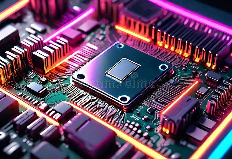 Neon Glowing Motherboard of CPU Stock Illustration - Illustration of ...