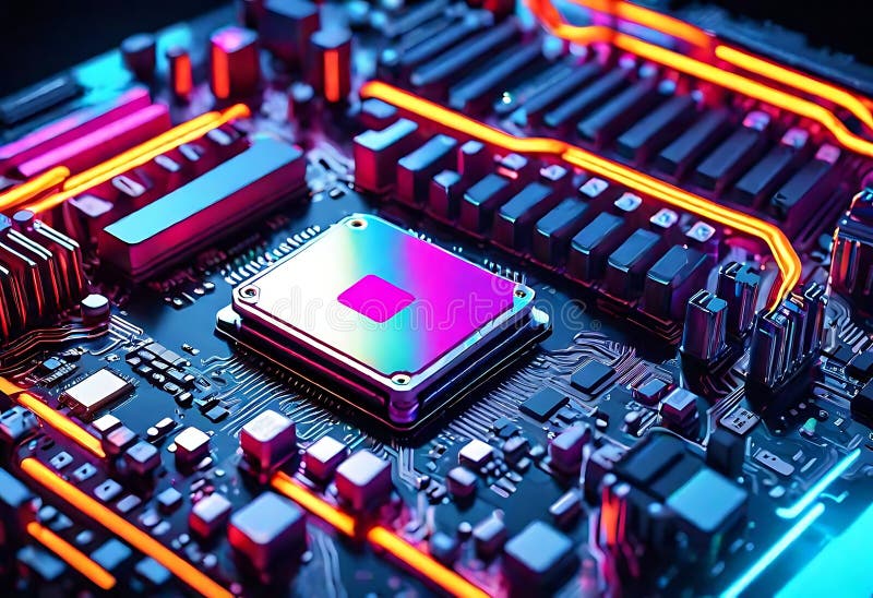 Neon Glowing Motherboard of CPU Stock Illustration - Illustration of ...