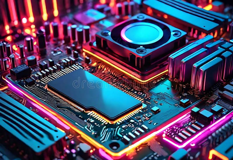 Neon Glowing Motherboard of CPU Stock Illustration - Illustration of ...