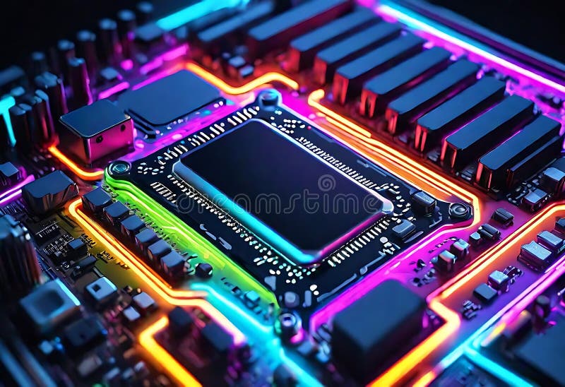 Neon Glowing Motherboard of CPU Stock Illustration - Illustration of ...