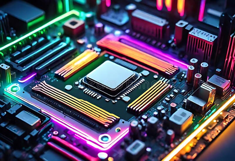 Neon Glowing Motherboard of CPU Stock Illustration - Illustration of ...