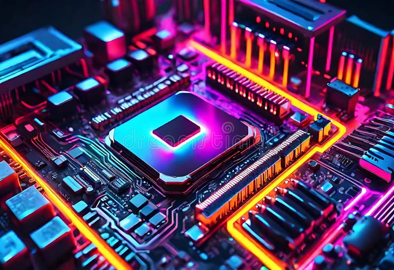 Neon Glowing Motherboard of CPU Stock Illustration - Illustration of ...