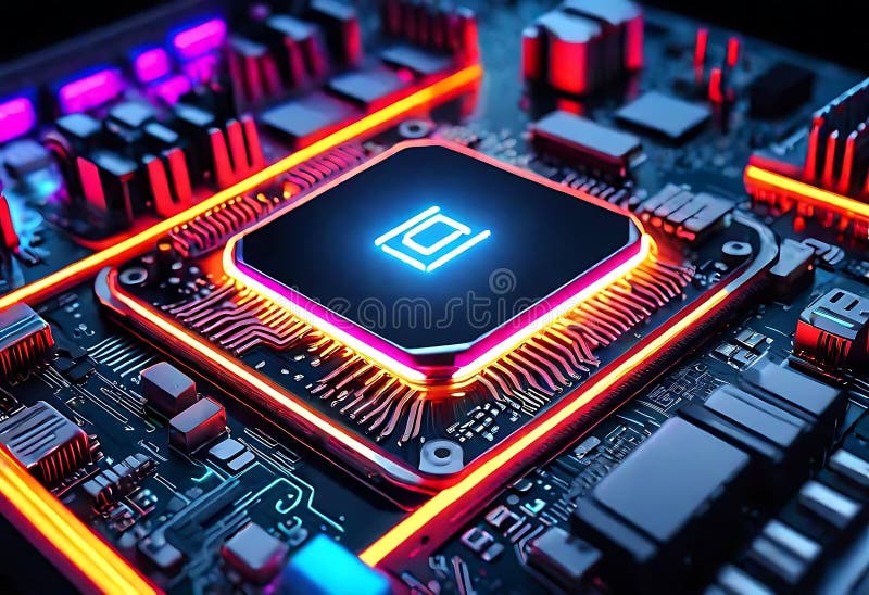 Neon Glowing Motherboard of CPU Stock Illustration - Illustration of ...