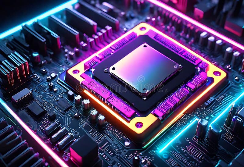 Neon Glowing Motherboard of CPU Stock Illustration - Illustration of ...