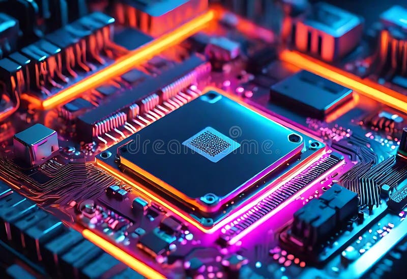Neon Glowing Motherboard of CPU Stock Illustration - Illustration of ...